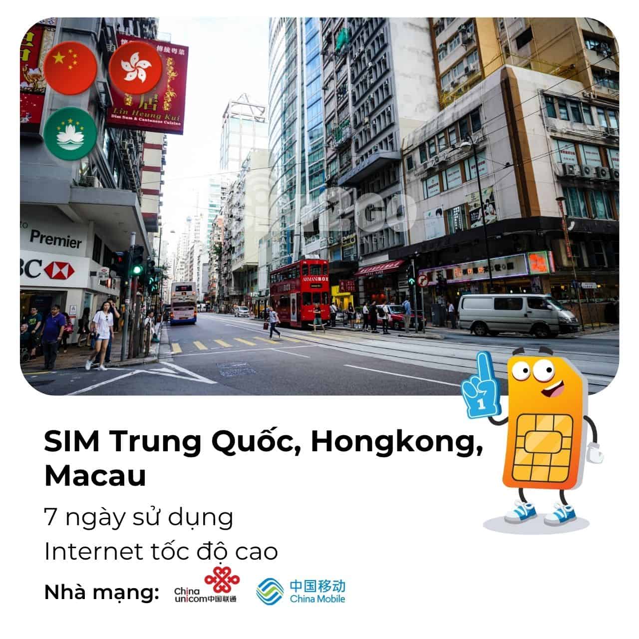 SIM Trung Quốc, Hong Kong, Macau 7 ngày 5GB - 21GB data